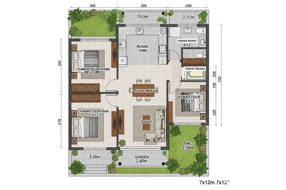 15 Ide Denah Rumah 3 Kamar Ukuran 7x12 | Popmama.com